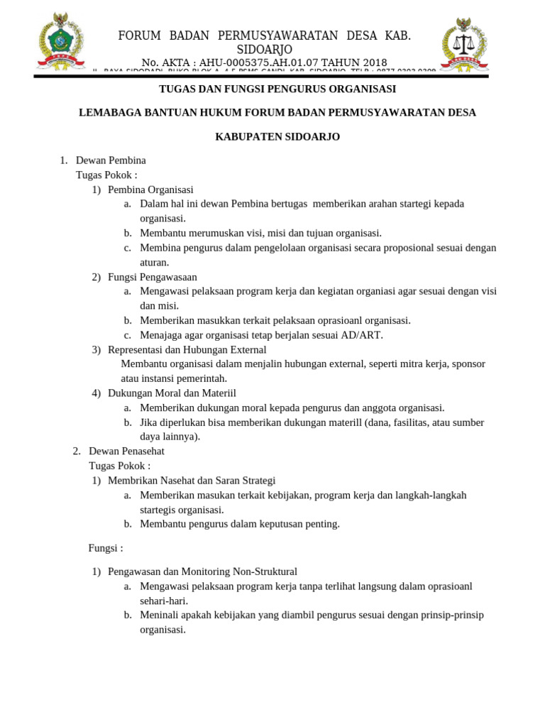 TUGAS DAN FUNGSI PENGURUS ORGANISASI | PDF