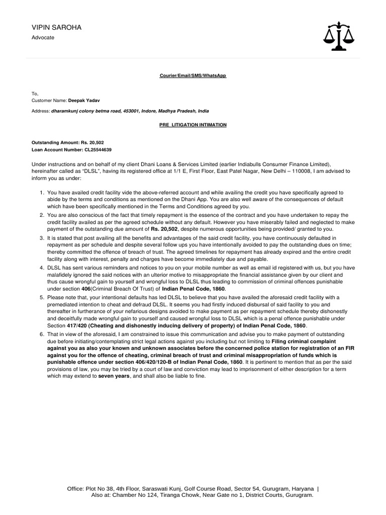 Pre-Litigation Notice for Loan Default | PDF | Line Of Credit | Credit