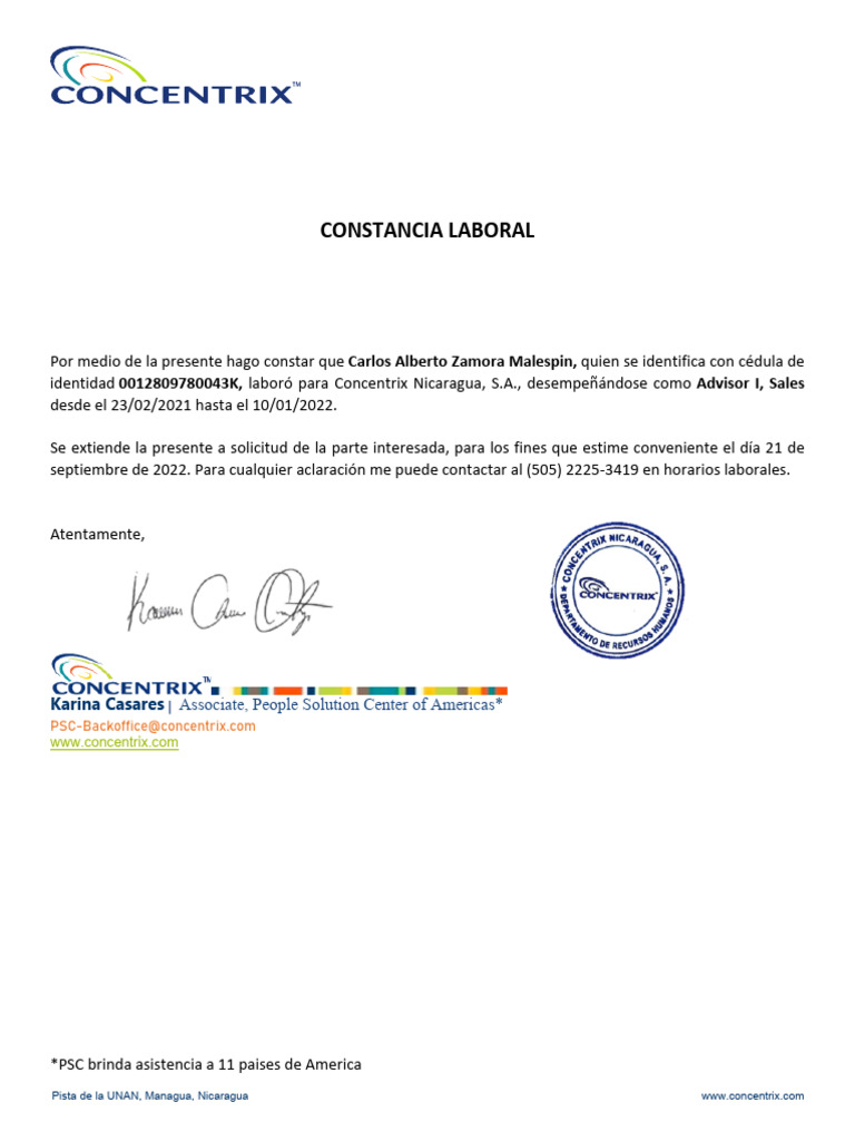 Carta de referencia laboral de Concentrix | PDF