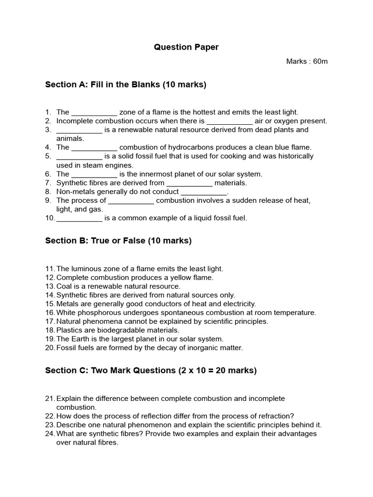 Science Question Paper on Combustion and Resources | PDF | Combustion ...