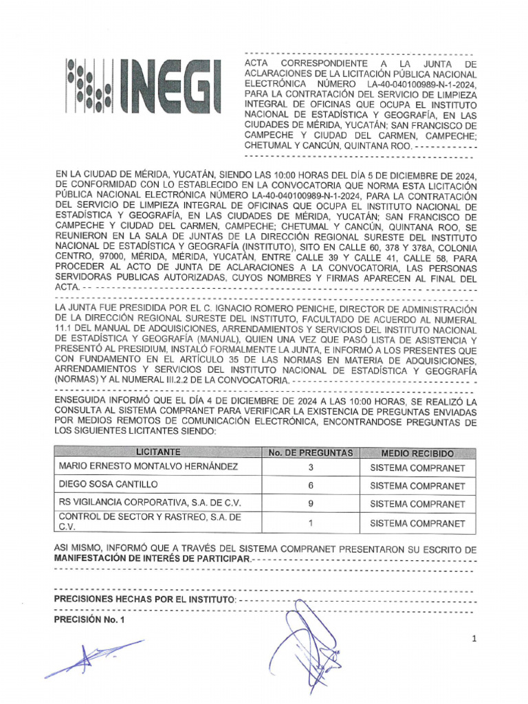 Acta de Junta de Aclaraciones N 1 2024 Limp | PDF