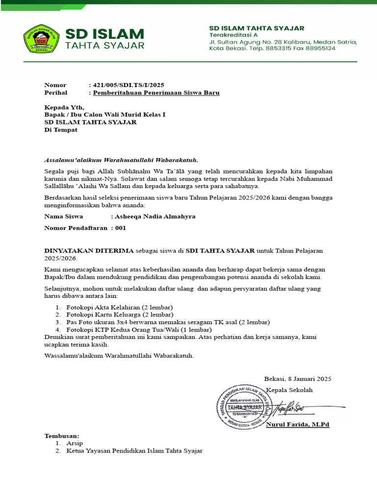 005 - Surat Tanda Di Terima PSB TP. 2025 - 2026 - Asheeqa Nadia Almahyra | PDF