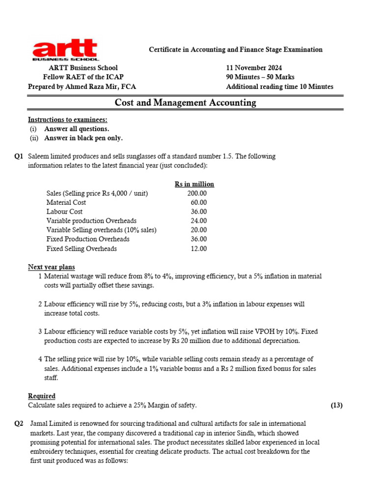 4th Mock CMA | PDF | Labour Economics | Cost