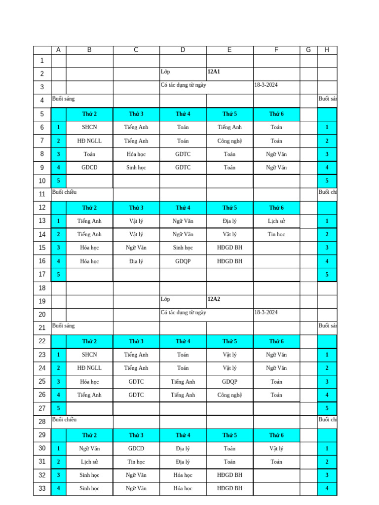 Thoi Khoa Bieu Hkii Ap Dung 180324hs - 173202414 | PDF