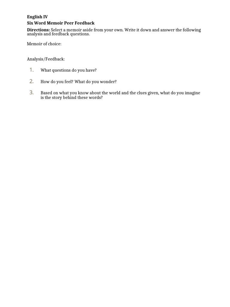 Six Word Memoir Peer Feedback | PDF