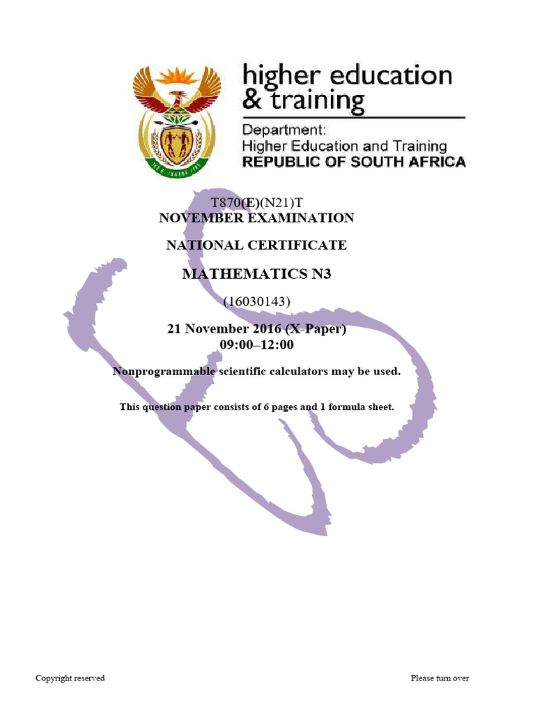 Mathematics N3 November Exam Paper | PDF | Trigonometric Functions ...