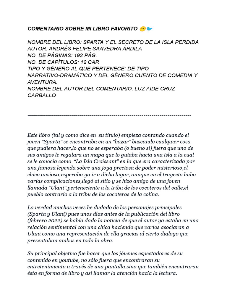 COMENTARIO SOBRE MI LIBRO FAVORITO ?? | PDF