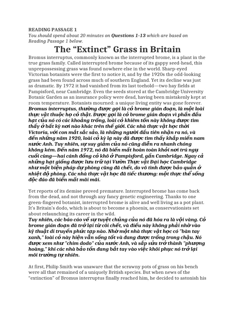IELTS Reading (Translated Into Vietnamese) : The "Extinct" Grass in ...
