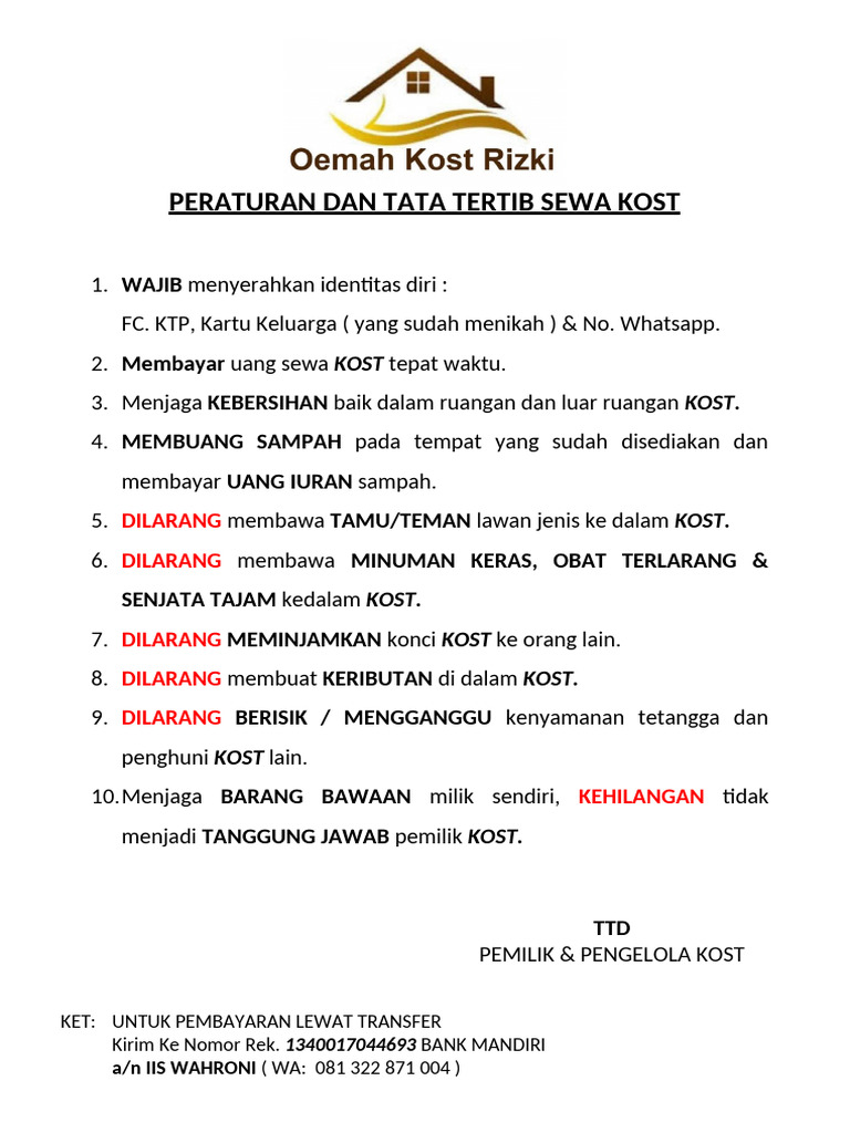 Peraturan Dan Tata Tertib Sewa Kost | PDF