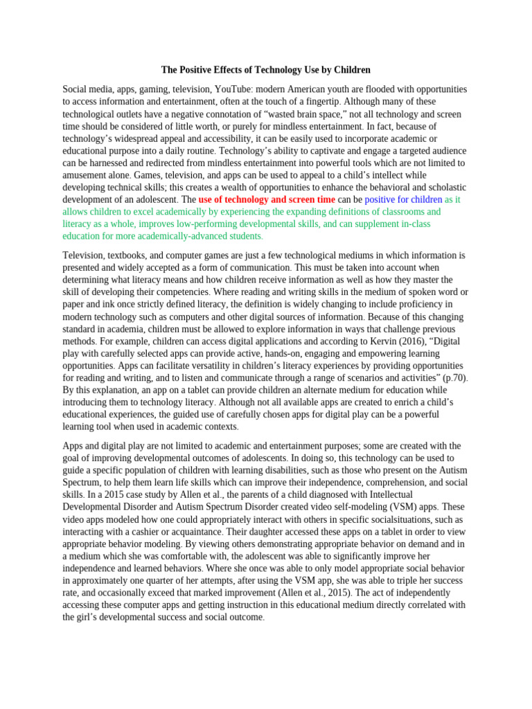 Argumentative Essay-The Positive Effects of Technology Use by Children ...