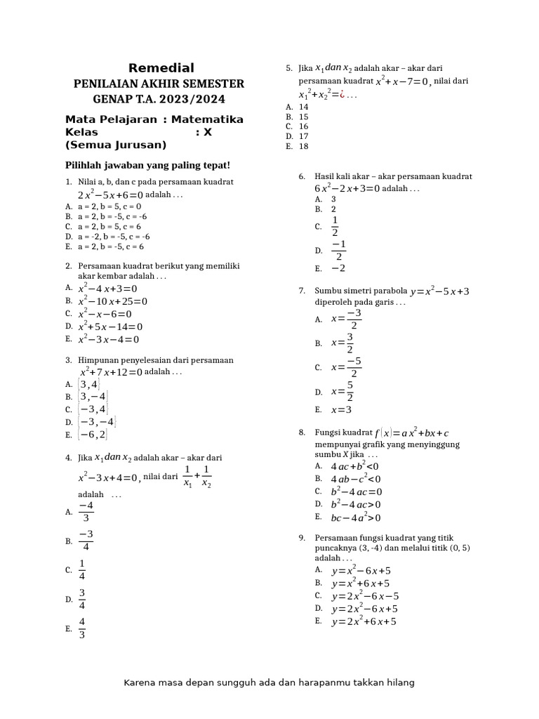 Remedial MTK10 - Genap - 2324 | PDF