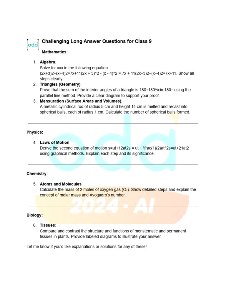Challenging Long Answer Questions For Class 9 | PDF