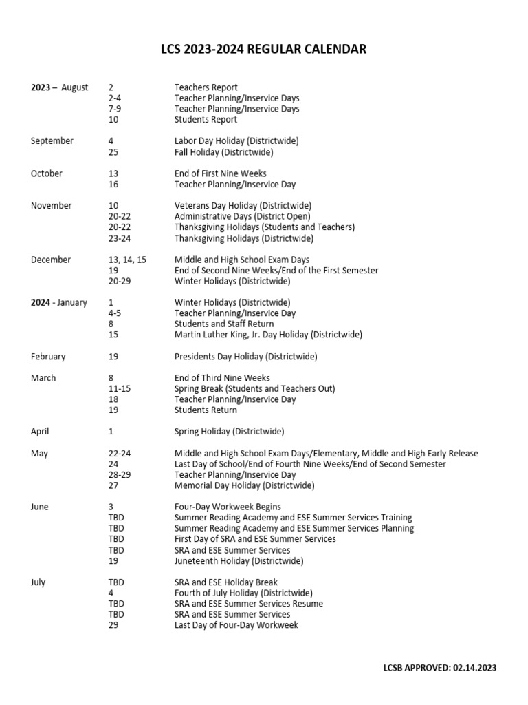 2023-2024 LCS Calendar | PDF | Academic Term | Secular Holidays