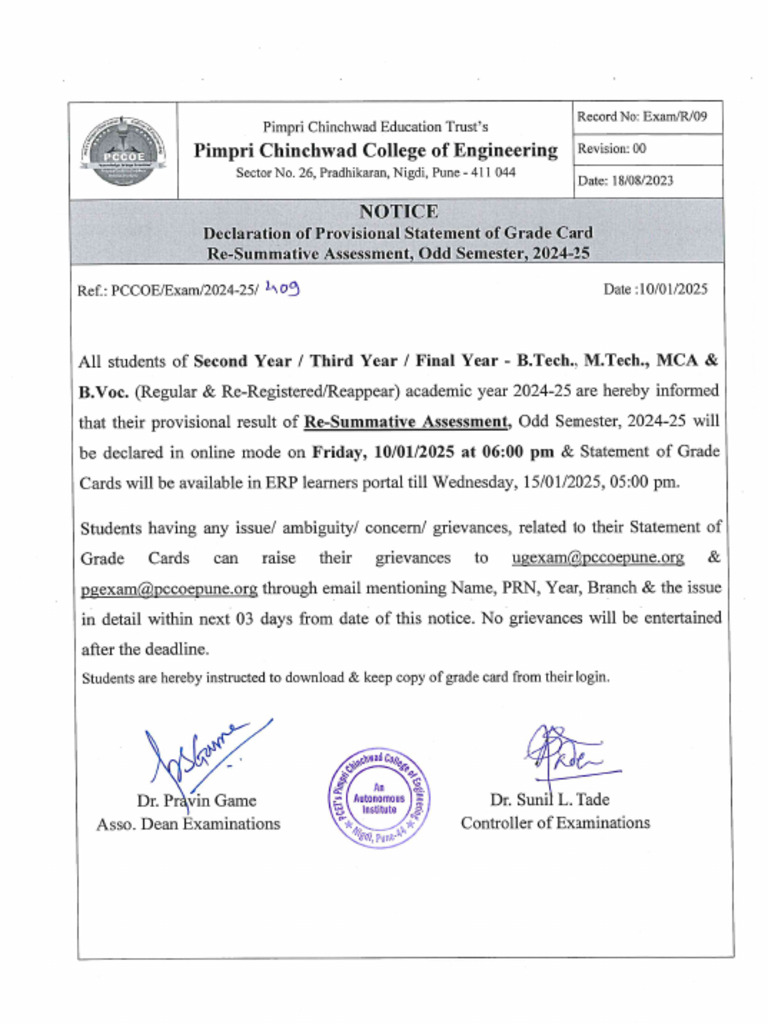 NOTICE - Provisional Statement of Grade Card (Result Declaration) Re ...