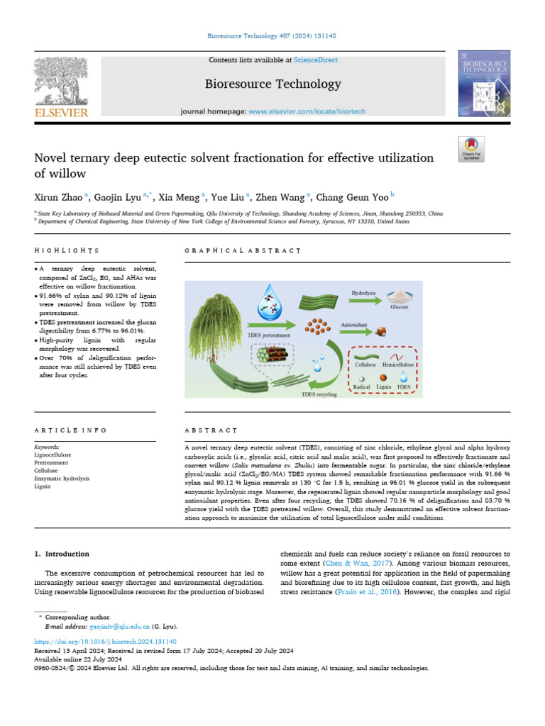 Novel Ternary Deep Eutectic Solvent Fractionation For Effective ...