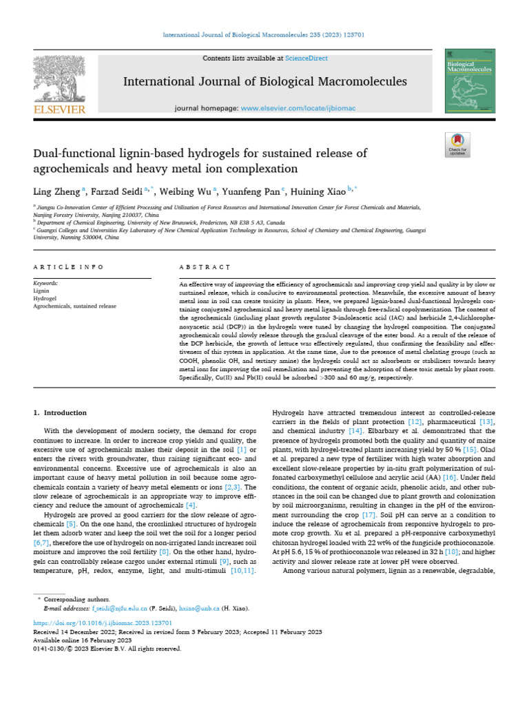 Lignin Hydrogels for Agrochemicals | PDF | Soil | High Performance ...