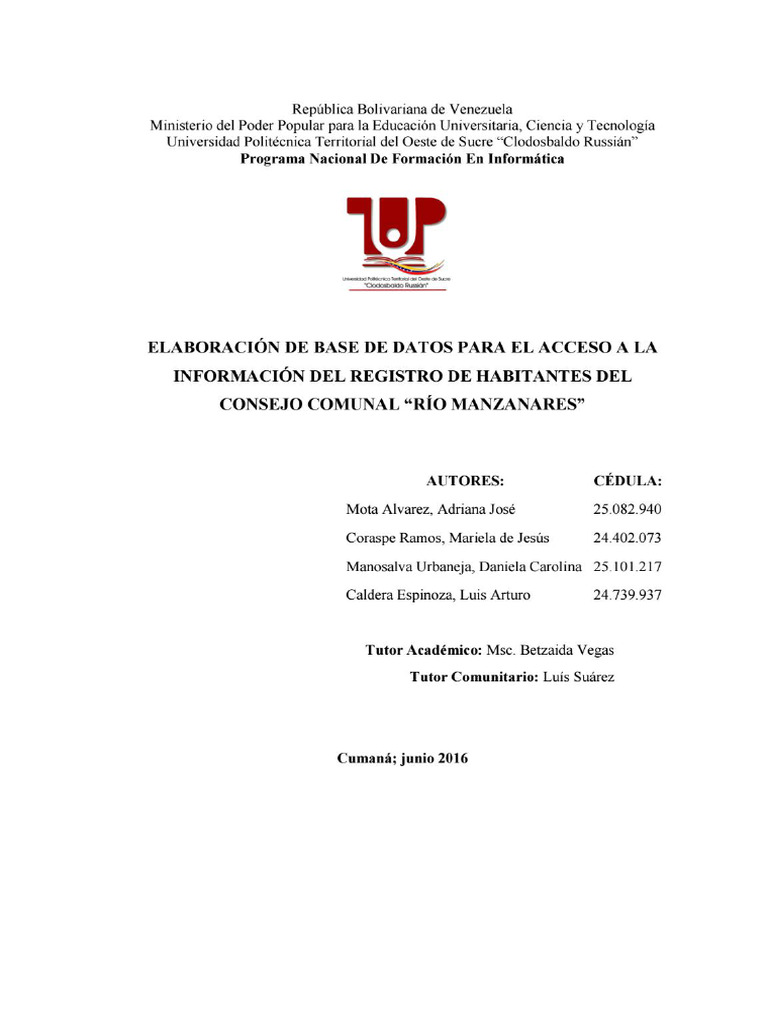 Elaboracion de Bases de Datos Consejo Comunal | PDF