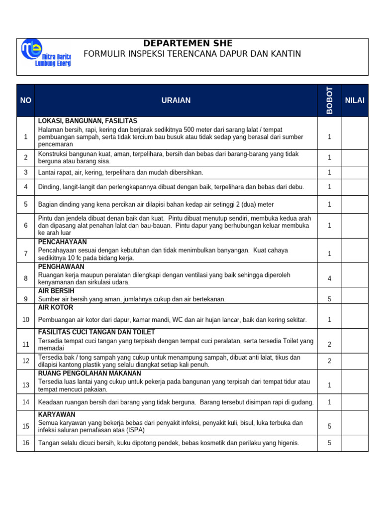 Form Terencana Dapur Dan Kantin | PDF