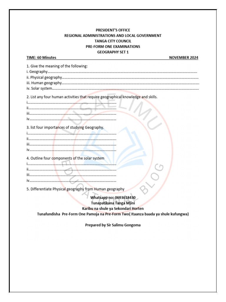 Pre-Form One Geography Lusaelimu-1 | PDF