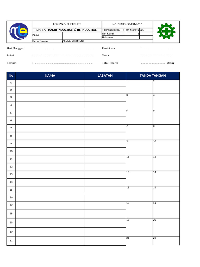 Form Absensi Induction & Re-Induction | PDF