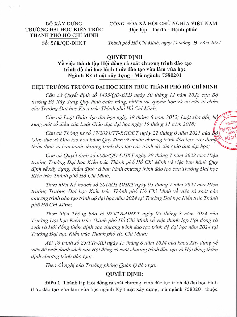 968- QĐ vv thlap HĐ ra soat ctrinh dtao trinh do ĐH htuc dtao VLVH nganh KTXD - Ma nganh 7580201 ...