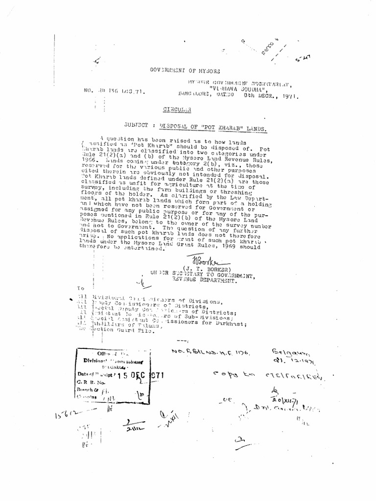 Government Circulars On Phut/ Pot A B Kharab Land For Karnataka Under Karnataka Land Revenue Act ...