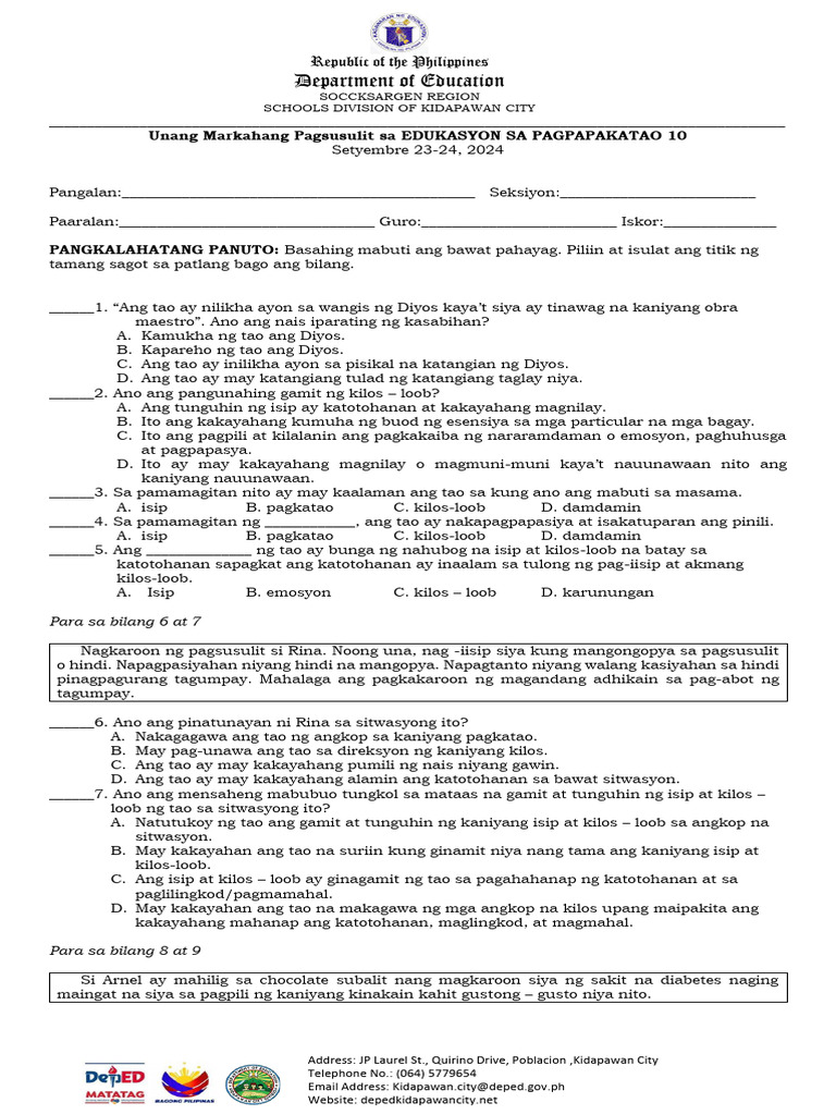 EsP 10 - TQ-Qtr1 | PDF