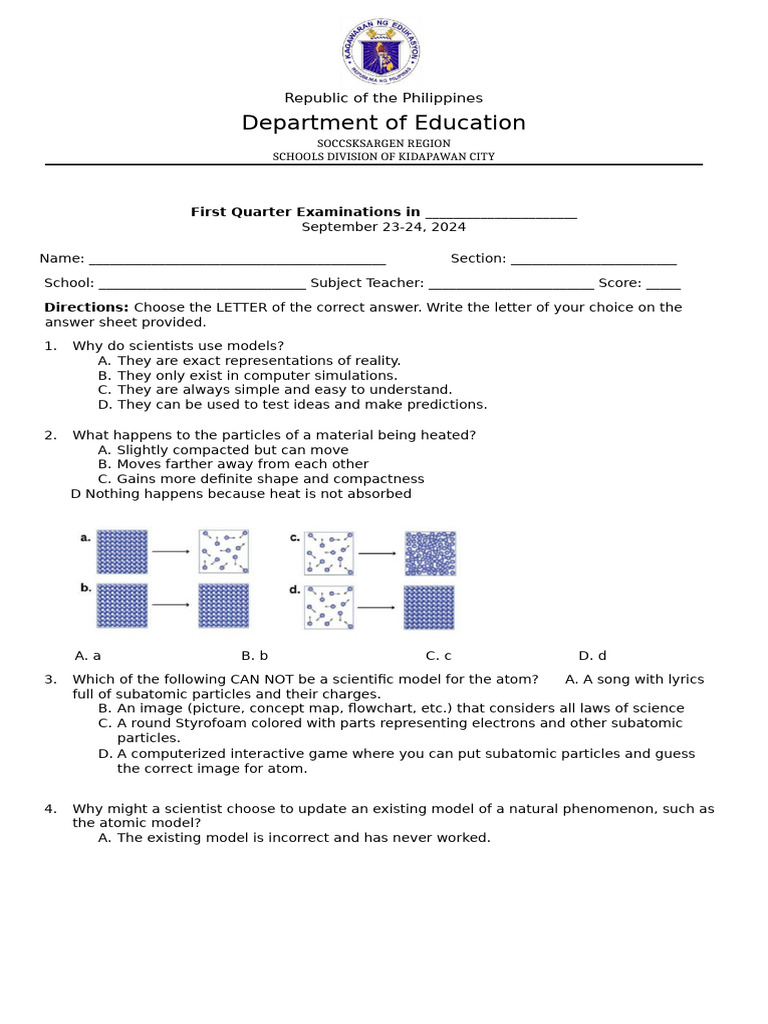 First Quarter Science Exam 2024 | PDF | Solubility | Gases