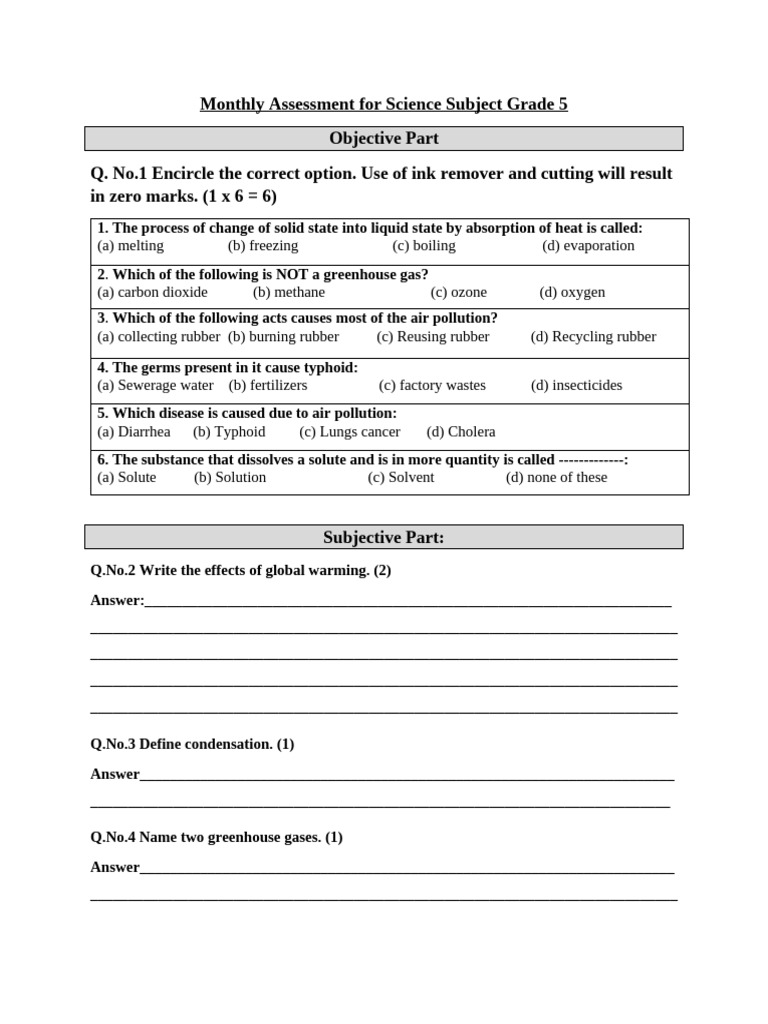 Grade 5 Science Monthly Assessment | PDF | Atmosphere Of Earth ...