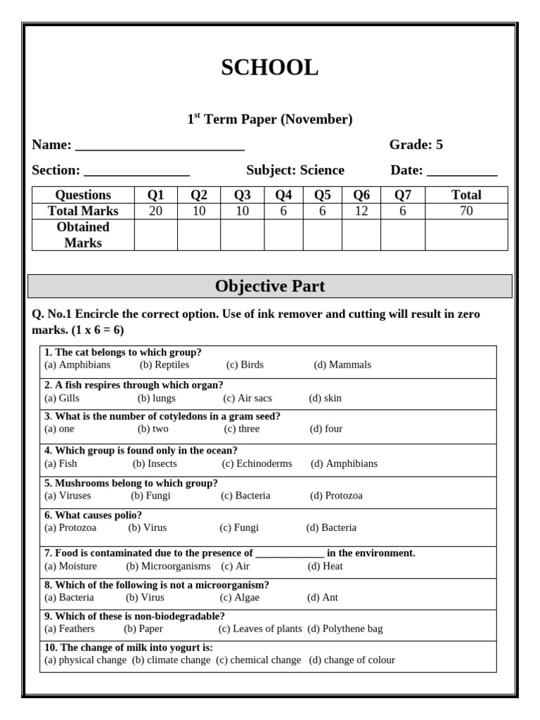 Grade 5 Science Exam Paper | PDF | Water | Nature