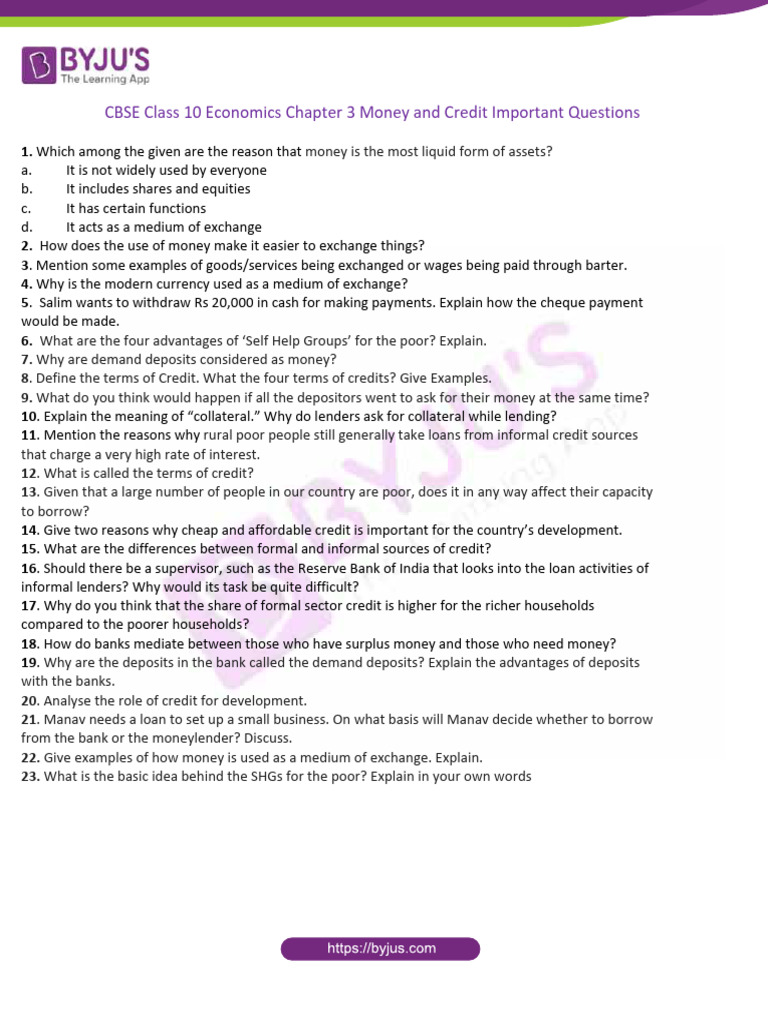 Class 10 Money and Credit Key Questions | PDF