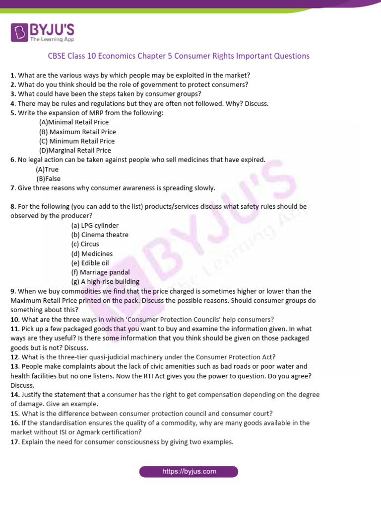 CBSE Class 10 Economics Chapter 5 Consumer Rights Important Questions ...