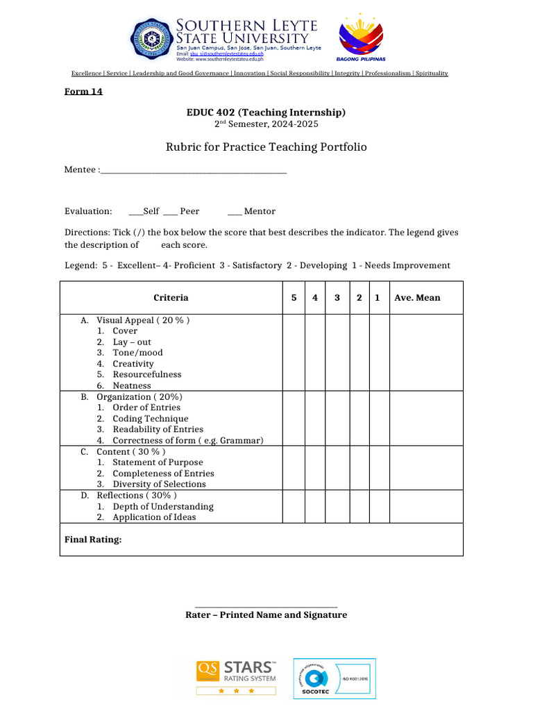 Form 14 Rubrics for Practice Teaching Portfolio | PDF