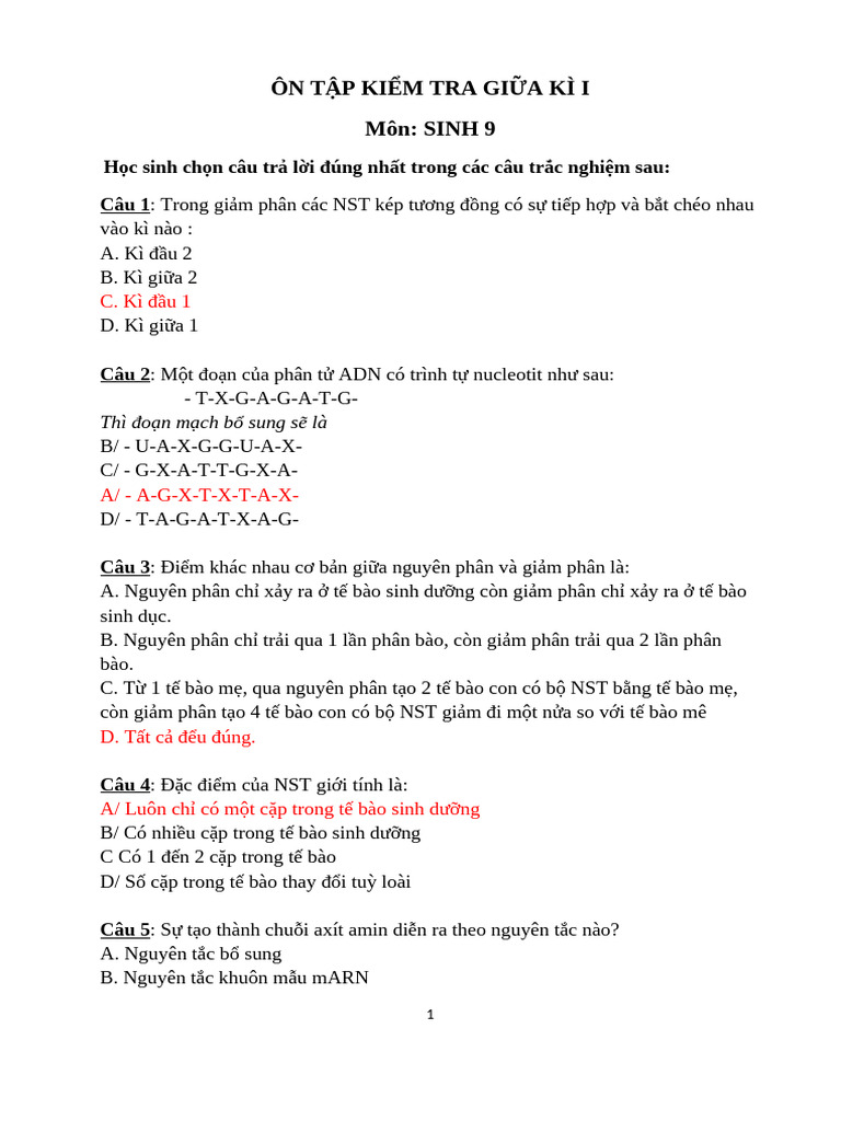 ON TAP KTGK I SINH 9 Đã Làm | PDF