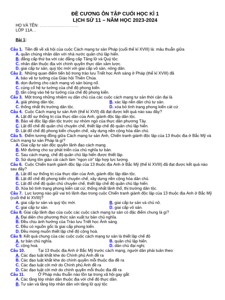 DAP AN-DE CUONG 11 PL-CUỐI HK1 | PDF