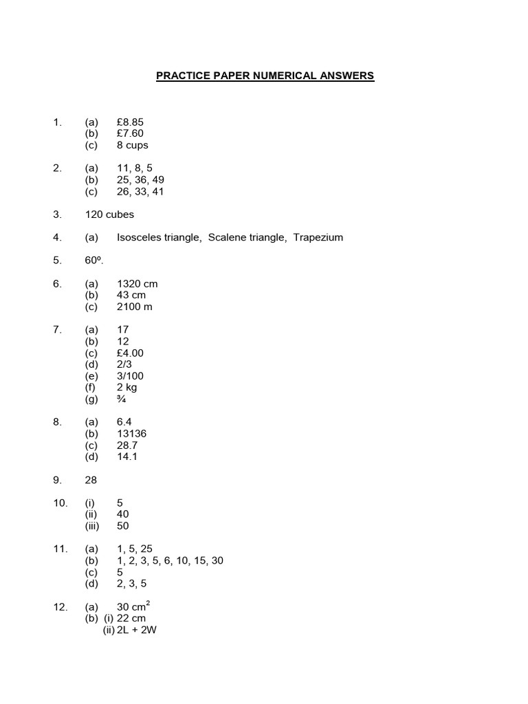 Practice Paper Numerical Answers Summary | PDF