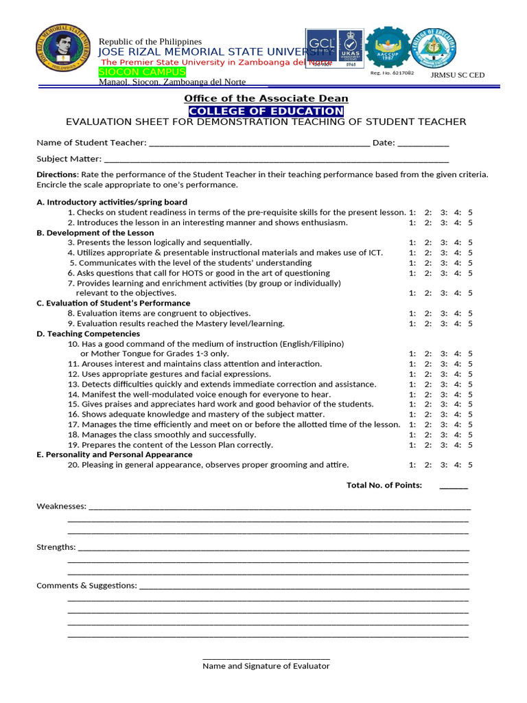 Evaluation of Student Teacher Revised Oct 2022 | PDF | Teachers ...