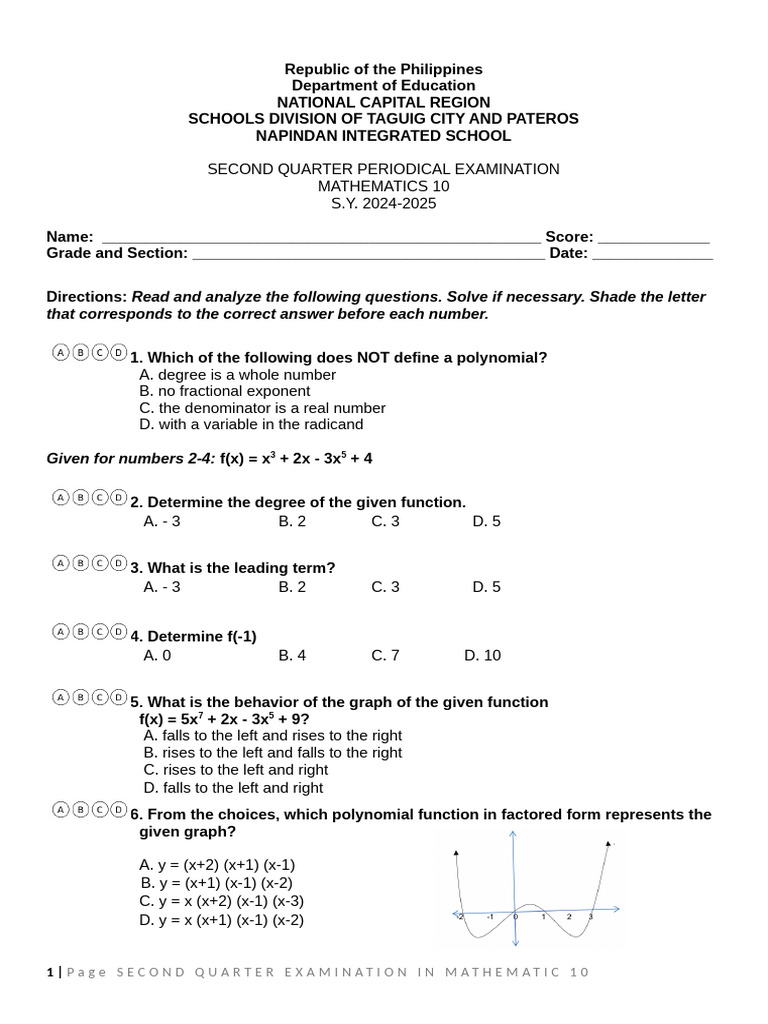 Math 10 2nd Quarter Exam 2024-2025 | PDF | Area | Circle