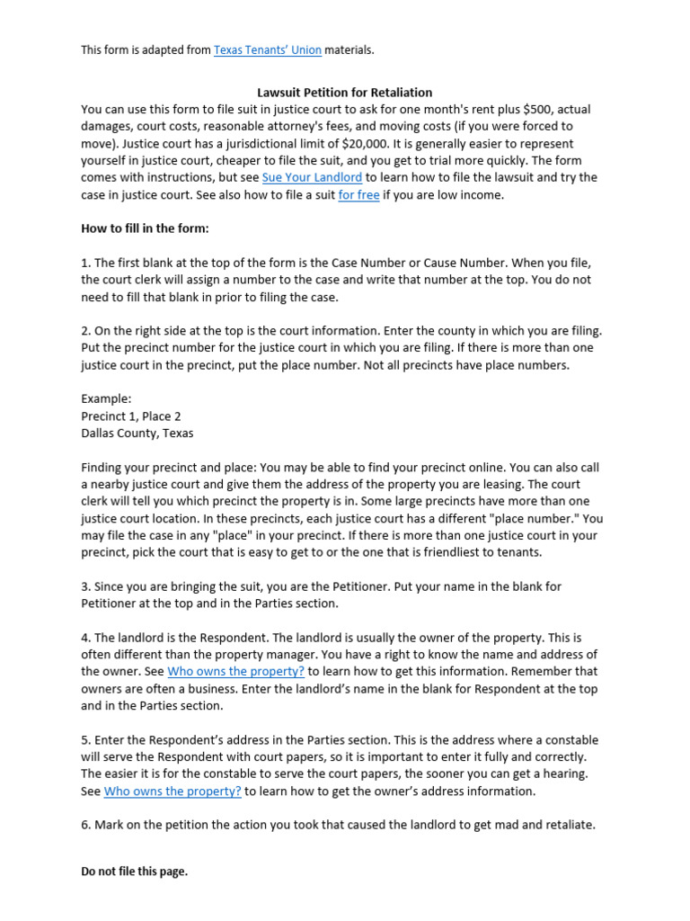 Texas Retaliation Lawsuit Petition Form | PDF | Lawsuit | Lease