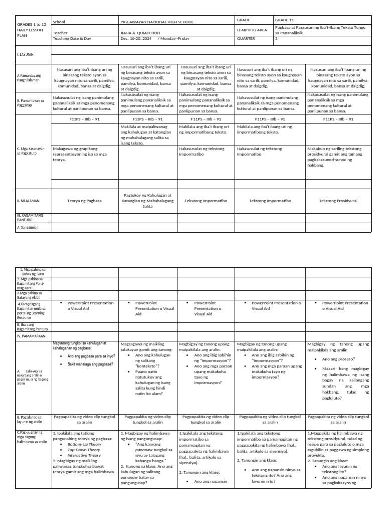 DLL W3 Pagbasa | PDF
