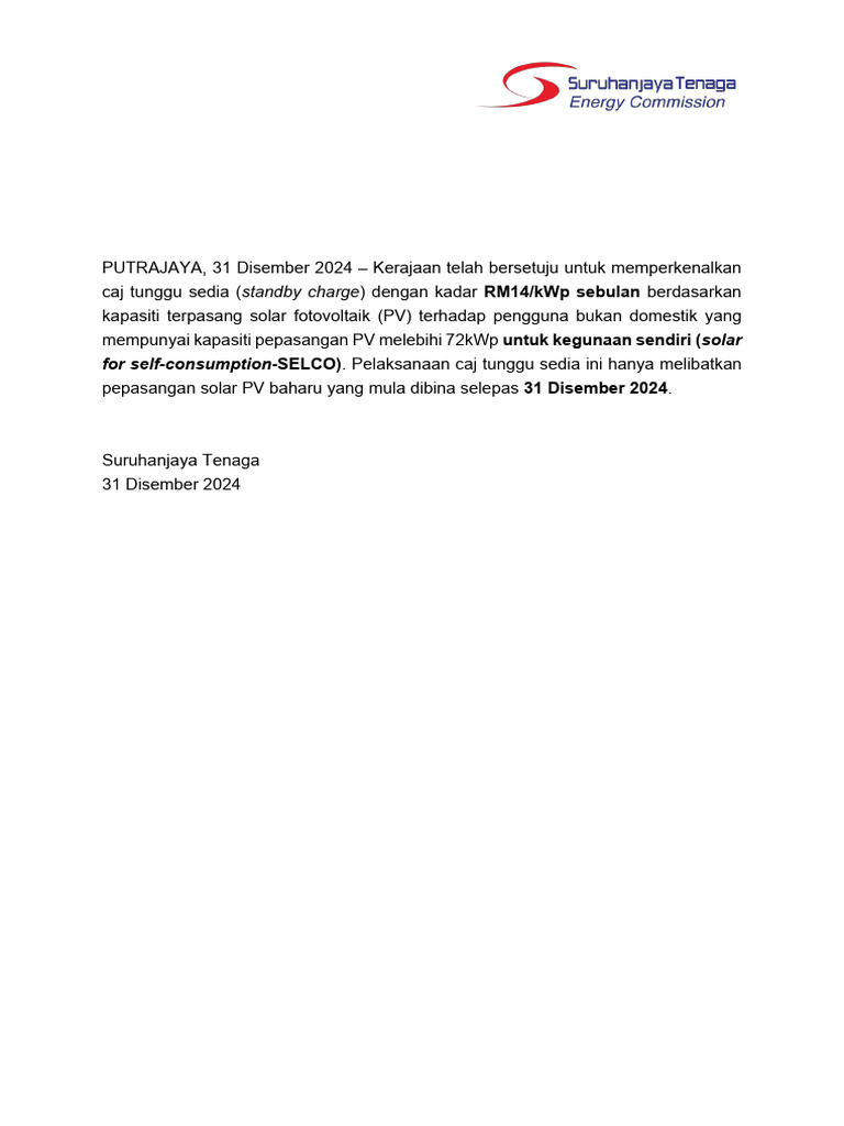 Kadar Standby Charge SELCO Mulai 1 Jan 2025 - VerConstructed | PDF