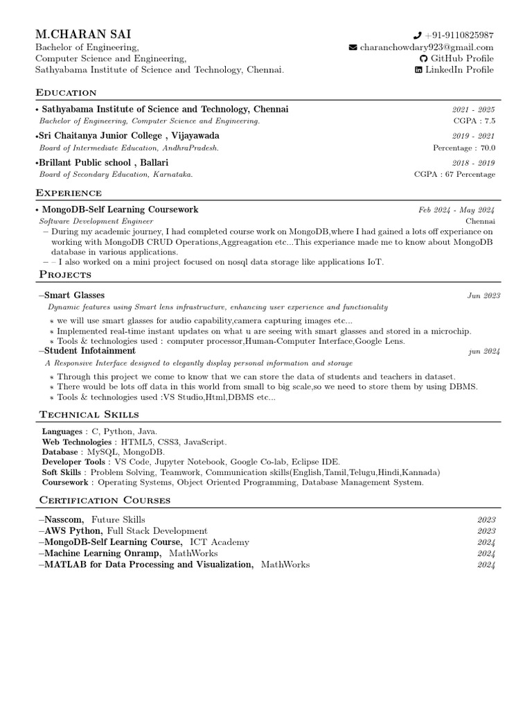 Charan Sai Resume | PDF | Databases | Mongo Db