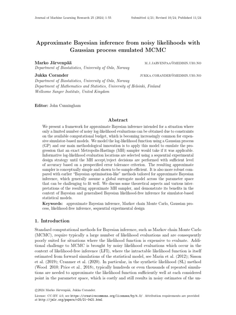 Approximate Bayesian Inference From Noisy Likelihoods With Gaussian Process Emulated MCMC | PDF ...