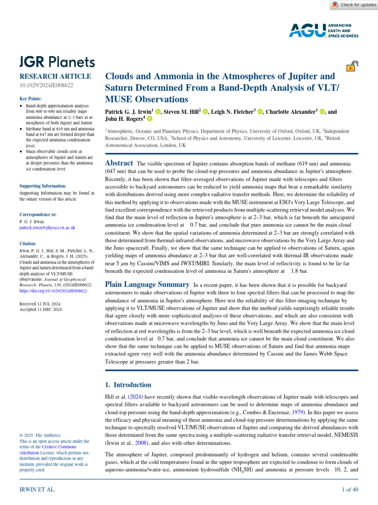 JGR Planets - 2025 - Irwin - Clouds and Ammonia in the Atmospheres of ...
