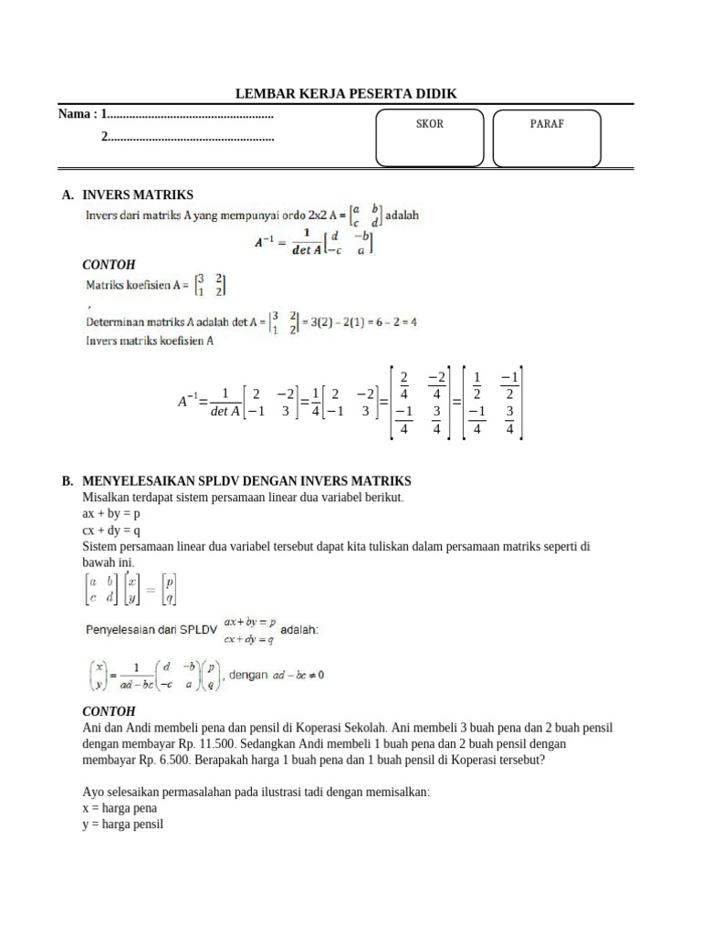 Invers Matriks & SPLDV | PDF