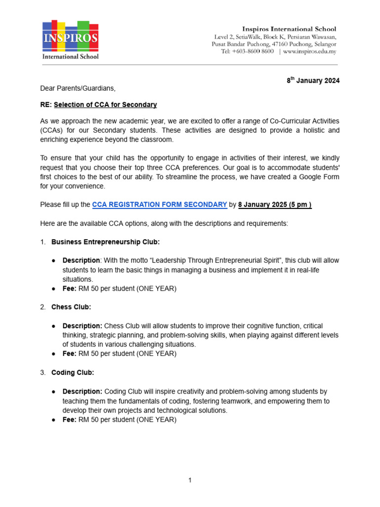 2025 Secondary Internal CCA Form - Docx-2 | PDF | Entrepreneurship | Creativity