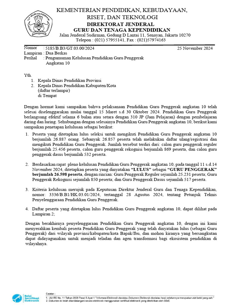 5185 - Surat Pengumuman Kelulusan PGP A10 - Provinsi NTT | PDF