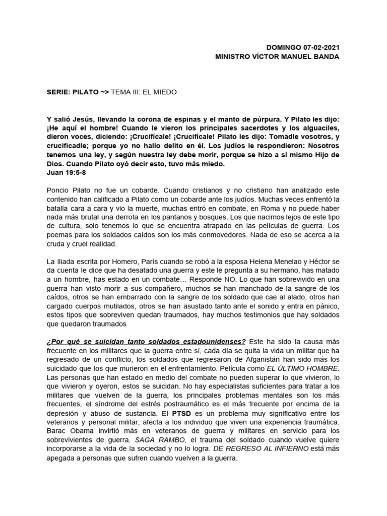 Serie: Pilato Tema Iii: El Miedo (Domingo 07-02-2021 Ministro Víctor ...