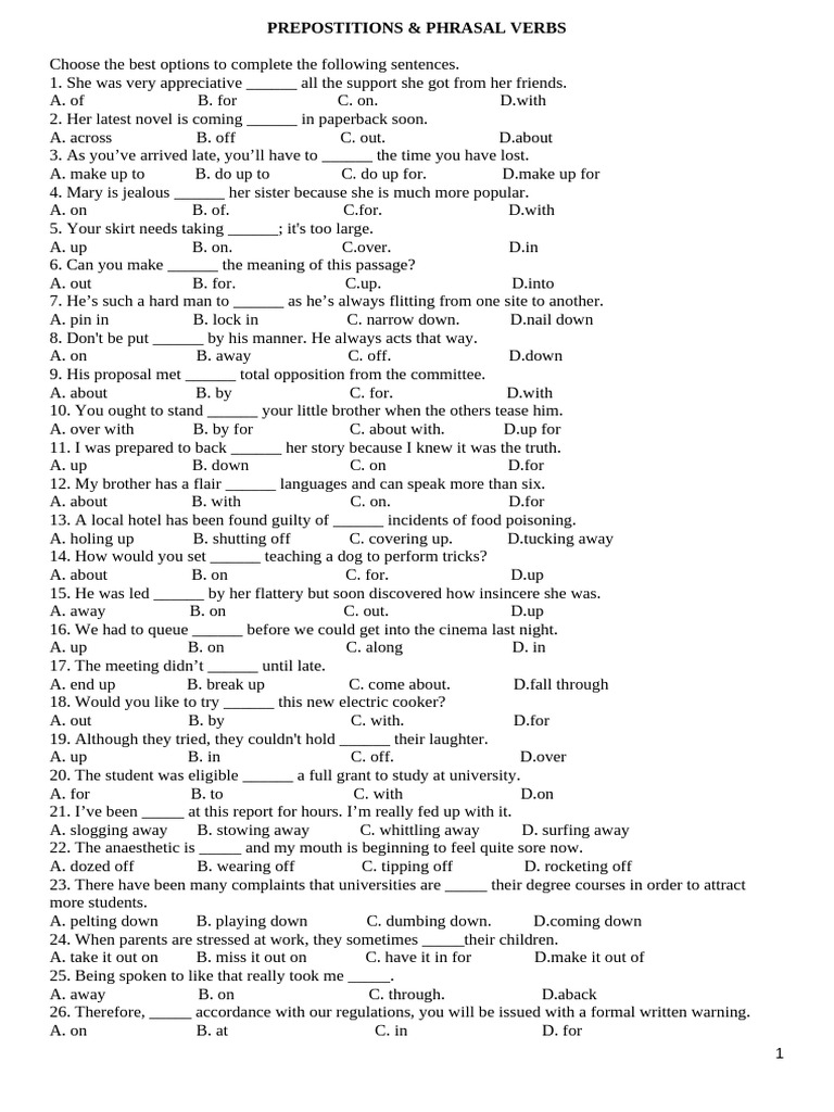 Prepositions and Phrasal Verbs Exercises | PDF | Preposition And ...