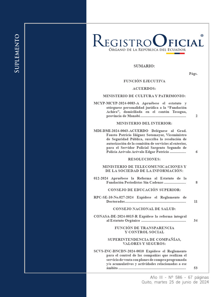 Registro Oficial Su Lemento 586 de Fundacion Achira 25 de Junio de 2024 ...